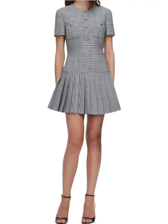 SELF-PORTRAIT Check Pleated Mini Dress - Grey