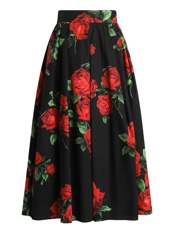 Dolce & Gabbana Rose-print Poplin Pleated Skirt - Black