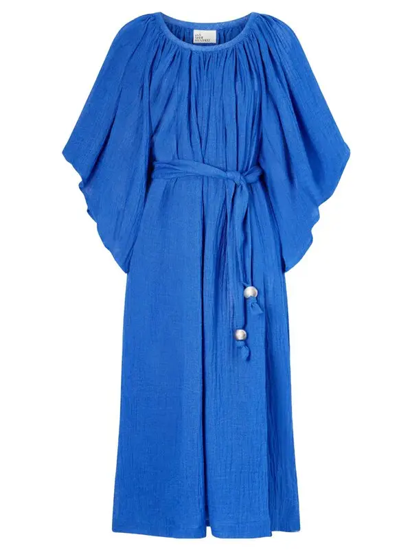 Lisa Marie Fernandez Embellished Belted Crinkled Linen-blend Gauze Midi Dress - Blue