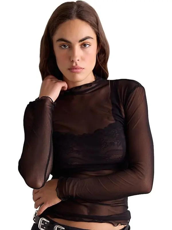 Only Hearts Tulle Purled Mock Neck Top - Black