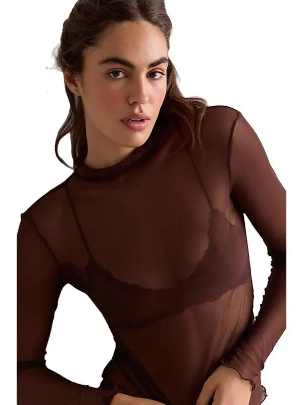 Only Hearts Tulle Purled Mock Neck Top - Chocolate