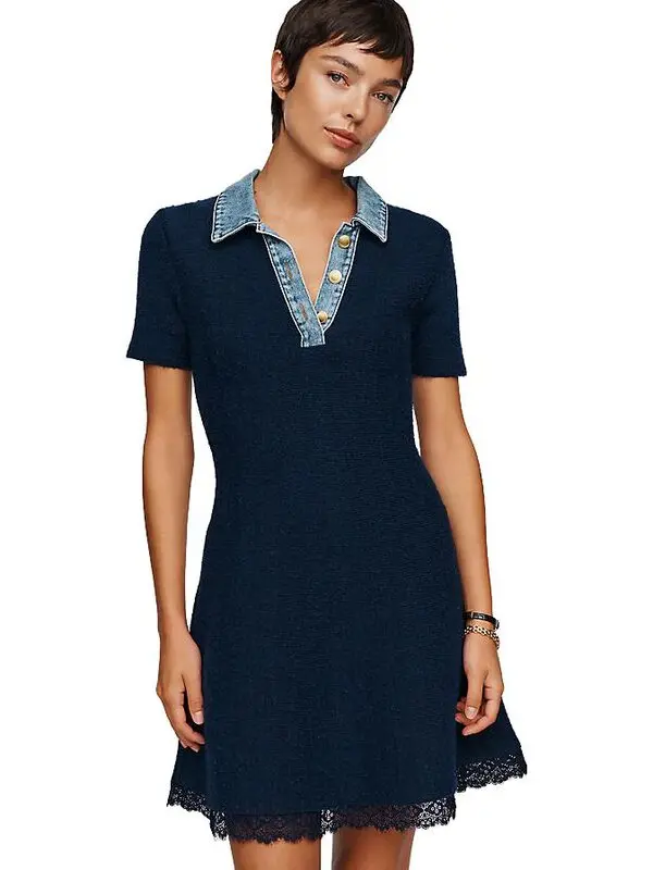 Maeve Knit Denim And Lace Mini Dress - Navy