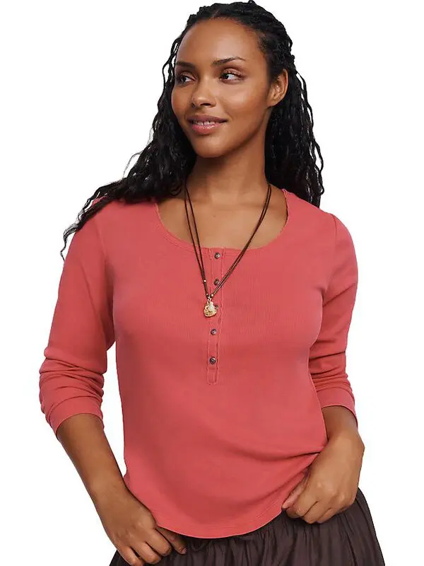 PILCRO Ribbed V-neck Henley Long Sleeve T-shirt - Red