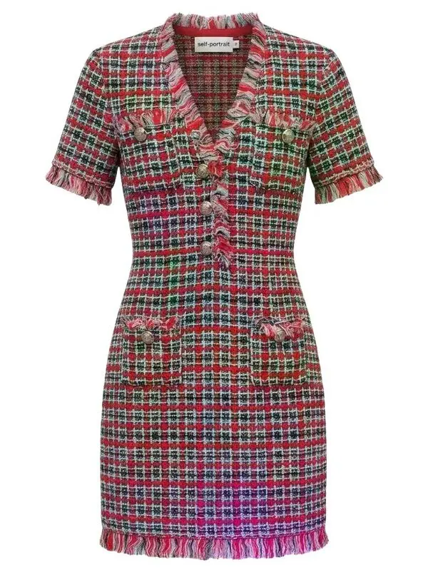 SELF-PORTRAIT Check Frayed Knit Mini Dress - Red