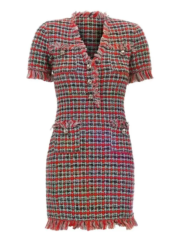 SELF-PORTRAIT Check Frayed Knit Mini Dress - Red