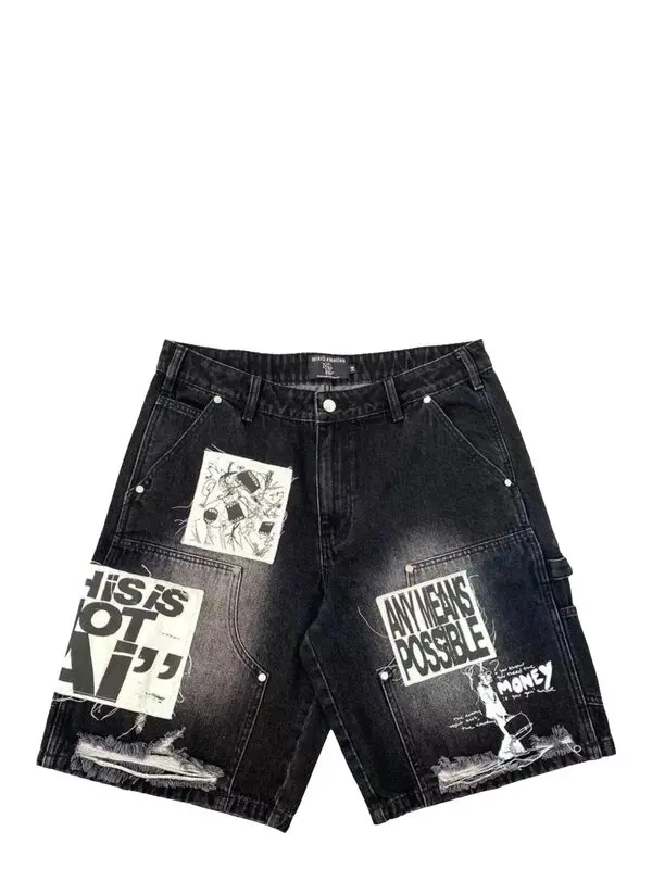 Mixed Emotion Patchwork Denim Shorts - Black