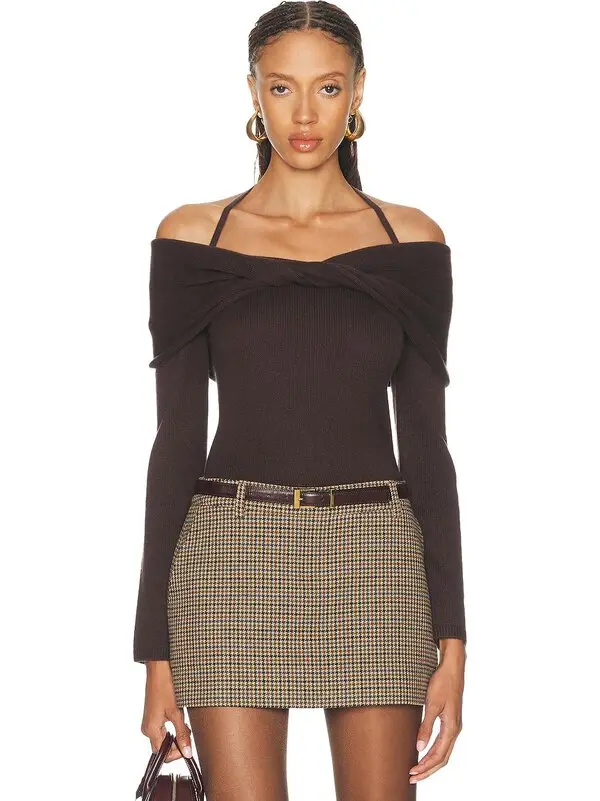 Simkhai Cambria Long Sleeve Off Shoulder Top - Chocolate
