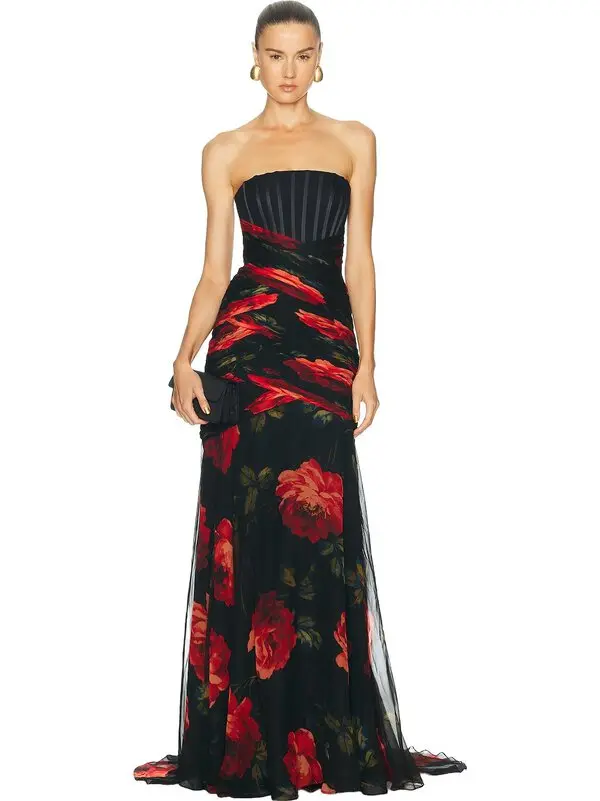 Carolina Herrera Strapless Exposed Bustier Gown - Black Multi