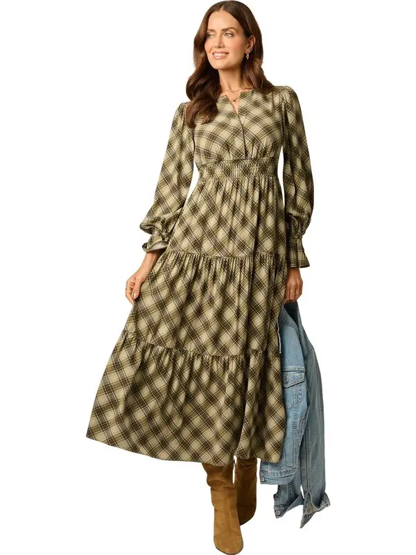 Adrianna Papell Plaid Sophia Tiered Maxi Dress - Olive Multi