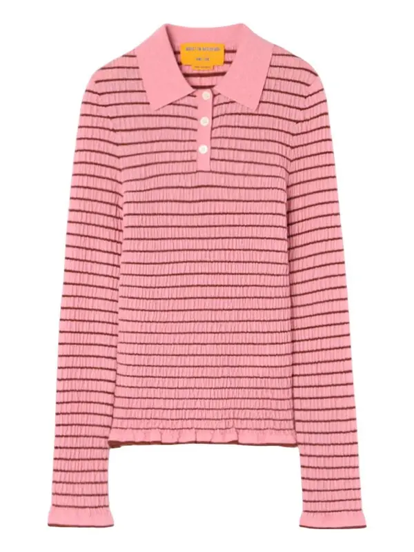Guest In Residence Striped Shirred Polo Shirt - Pink