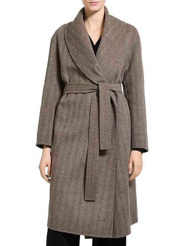 Theory Luxe Shawl Collar Wool And Cashmere Herringbone Coat - Mocha Multi