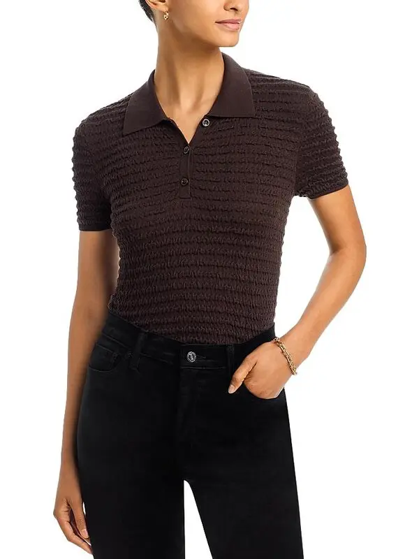 FRAME Smocked Silk Cotton Blend Polo - Chestnut