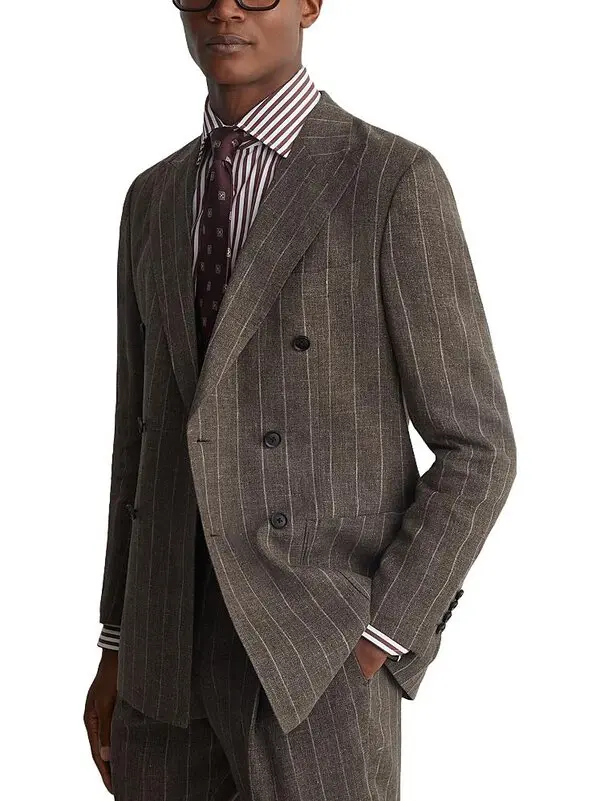 REISS Miramare Peak Lapel Pinstripe Double Breasted Linen Cotton Blazer - Brown