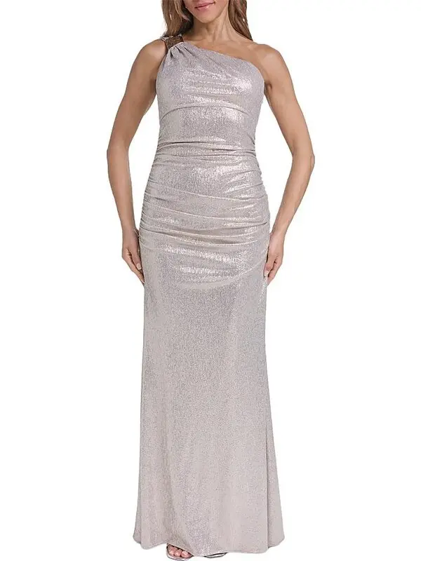 Eliza J One Shoulder Side Ruched Metallic Gown - Gold
