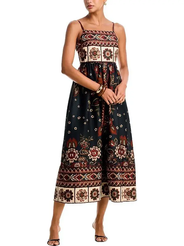 Aqua Cotton Blend Border Midi Dress - Black Multi