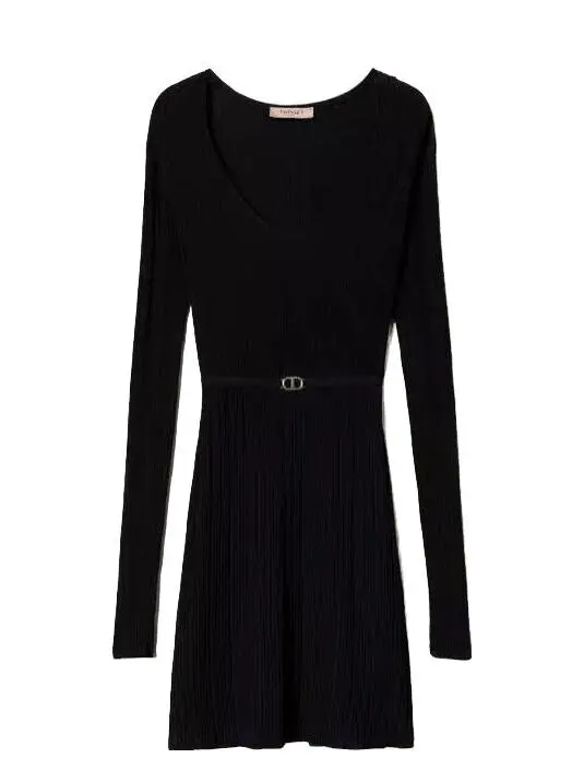 TWINSET Ribbed-knit Belted Minidress - Black