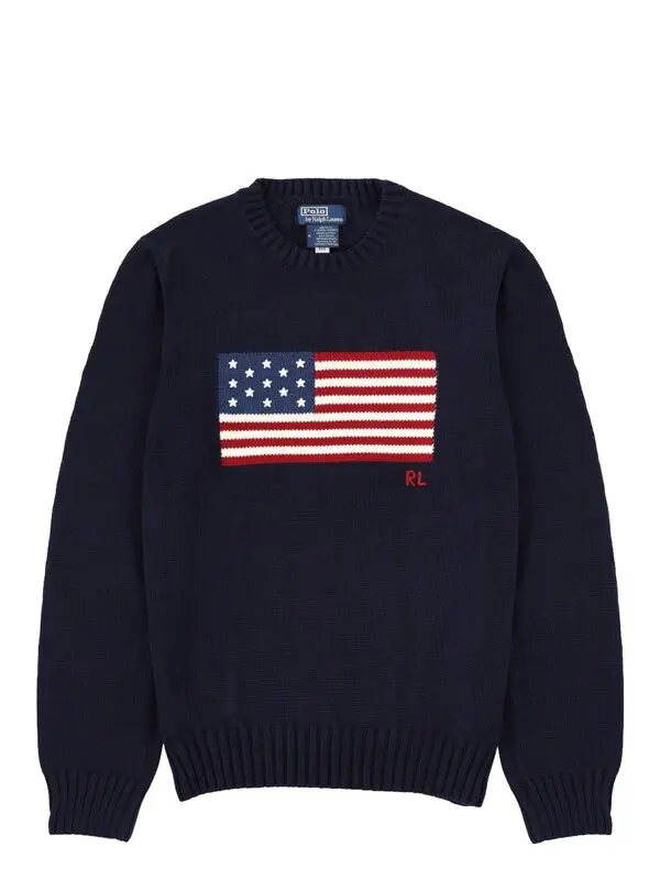 Polo Ralph Lauren Flag Embroidered Crewneck Pullover Sweater - Blue