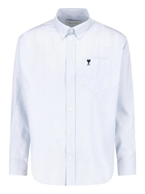 AMI Paris Striped Cotton Button-up Shirt - Light Blue