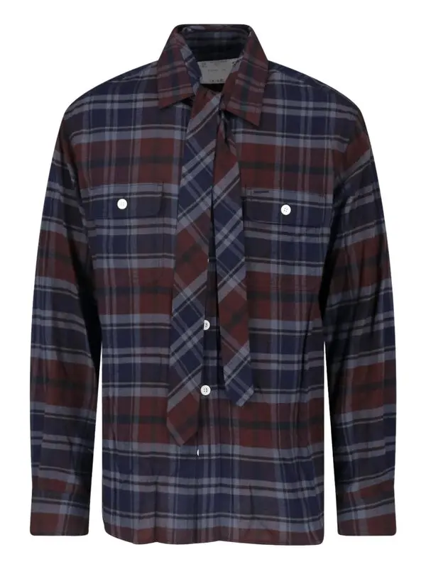 Sacai Plaid Long Sleeve Shirt With Tie Detail - Brown