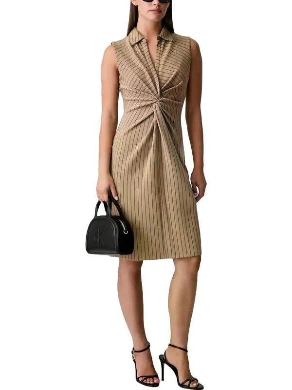 Dkny Pinstripe Twist-detail Dress - Brown