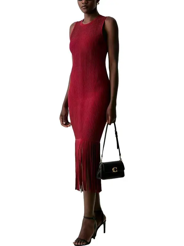 Dkny Midi Ribbed-knit Fringe-trim Dress - Red