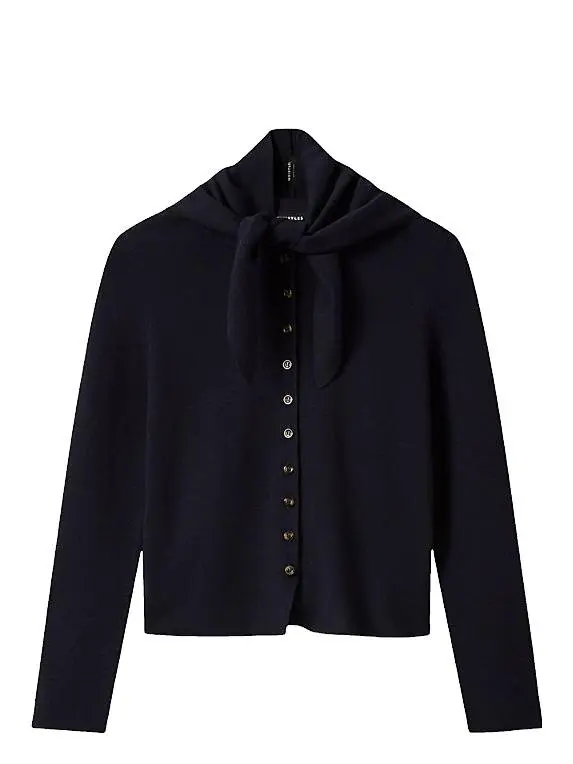 Whistles Detachable-scarf Round-neck Cotton-blend Cardigan - Navy