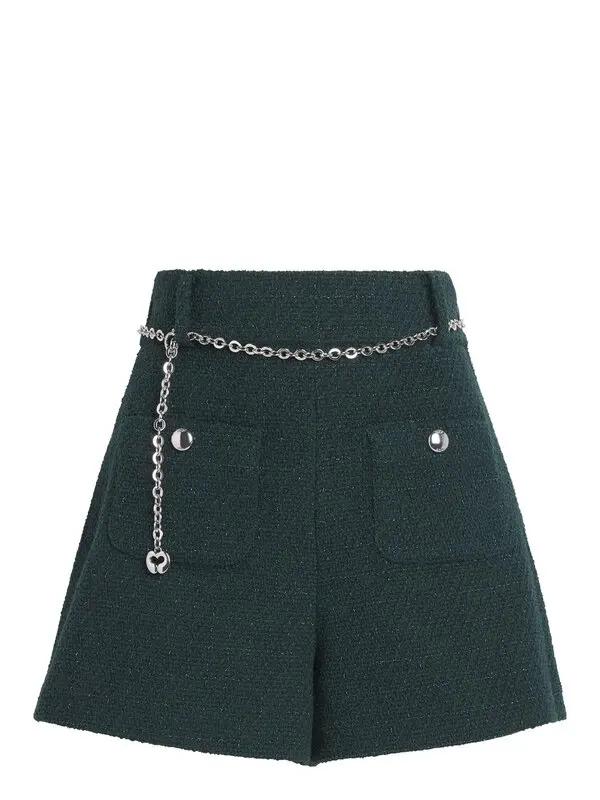 Maje Tweed Chain Belt Shorts - Green
