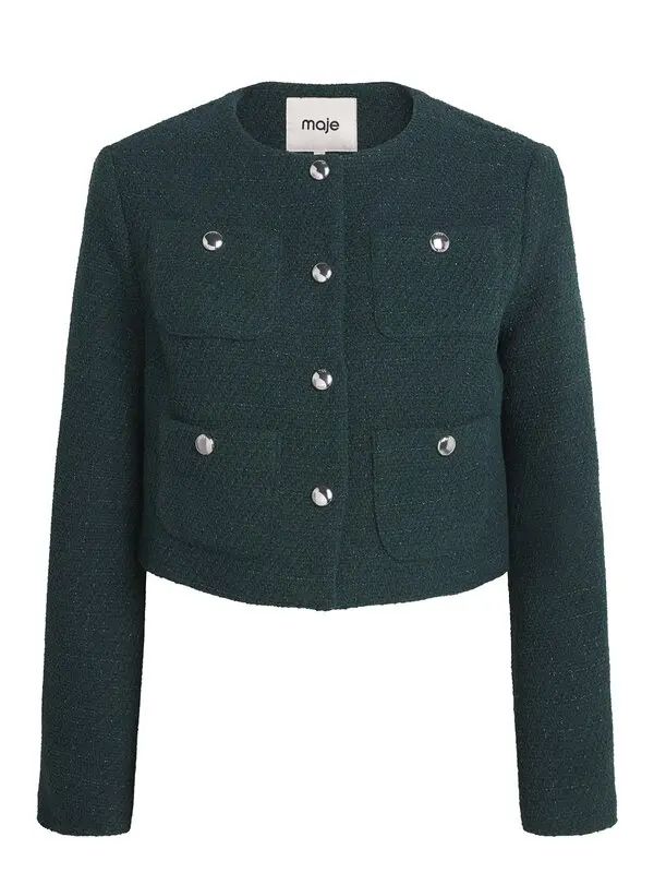 Maje Tweed Cropped Jacket - Green