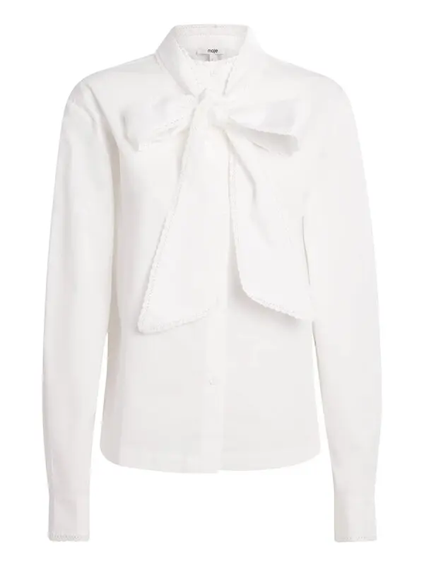 Maje Cotton Pussy Bow Shirt - White