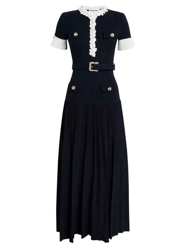 SELF-PORTRAIT Ribbed Ruffle-detail Midi Dress - Navy