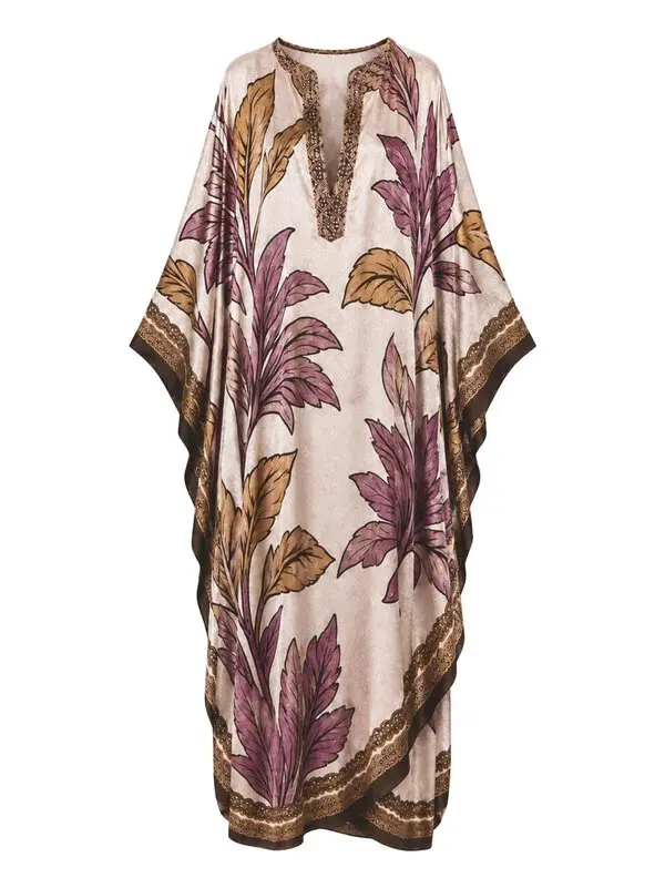 Loveist Store Nomad Botanical Print Jacquard Satin Kaftan - Red