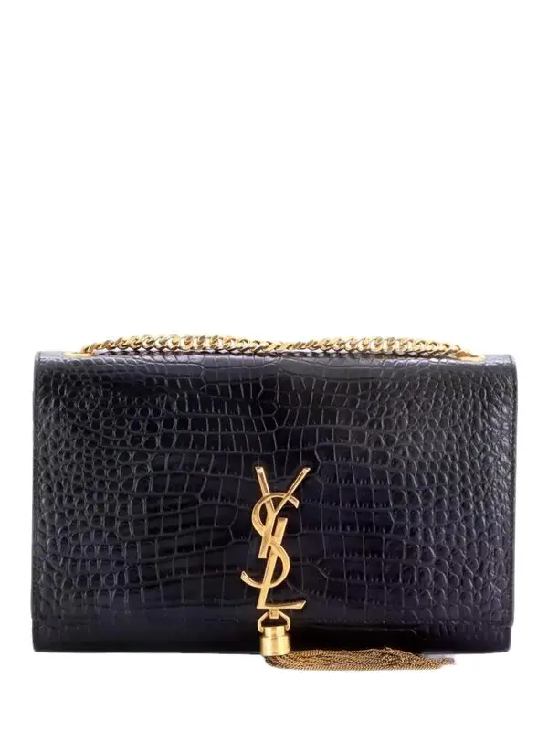 Saint Laurent Classic Monogram Tassel Crocodile Embossed Leather Medium Crossbody Bag - Black