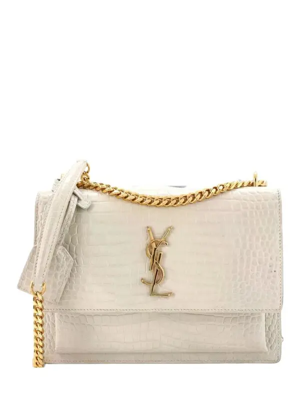 Saint Laurent Sunset Crocodile Embossed Crossbody Bag - White