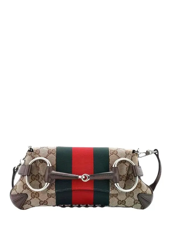 Gucci Horsebit Web Chain Clutch Gg Canvas Small Shoulder Bag - Brown