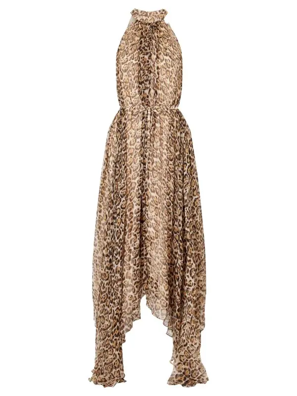 Saloni Belted Leopard-print Silk Halterneck Midi Dress - Brown