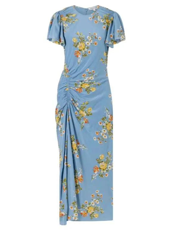 Veronica Beard Gathered Floral-print Silk-blend Satin Midi Dress - Blue