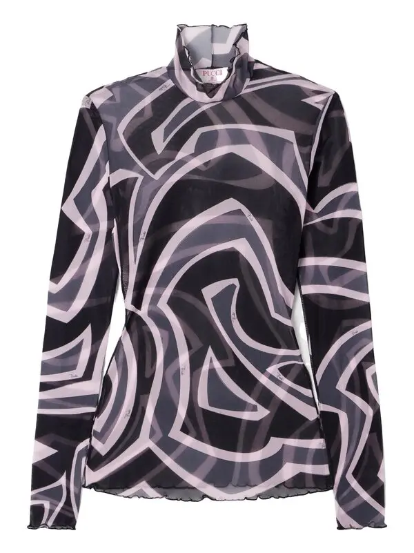 Emilio Pucci Printed Tulle Turtleneck Top - No