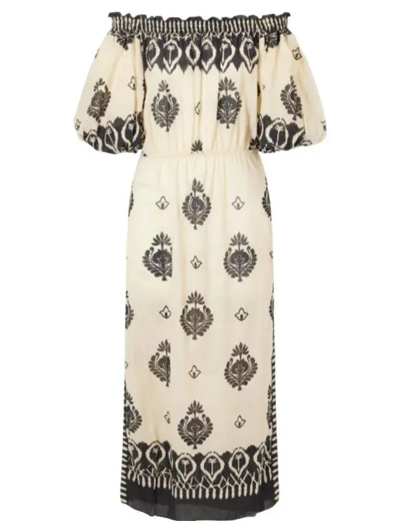 Johanna Ortiz Off-the-shoulder Ruched Printed Cotton-poplin Midi Dress - Black