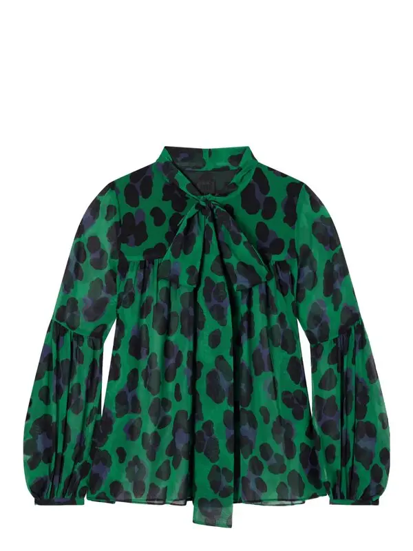 Anna Sui Gathered Leopard-print Georgette Blouse - Green