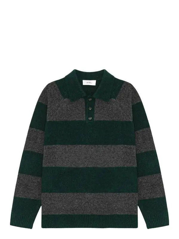 LES DEUX Striped Long-sleeve Polo Sweater - Green