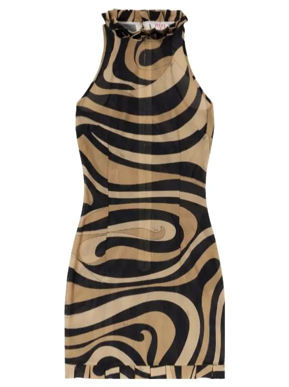 Emilio Pucci Pleated Printed Mesh Mini Dress - Beige