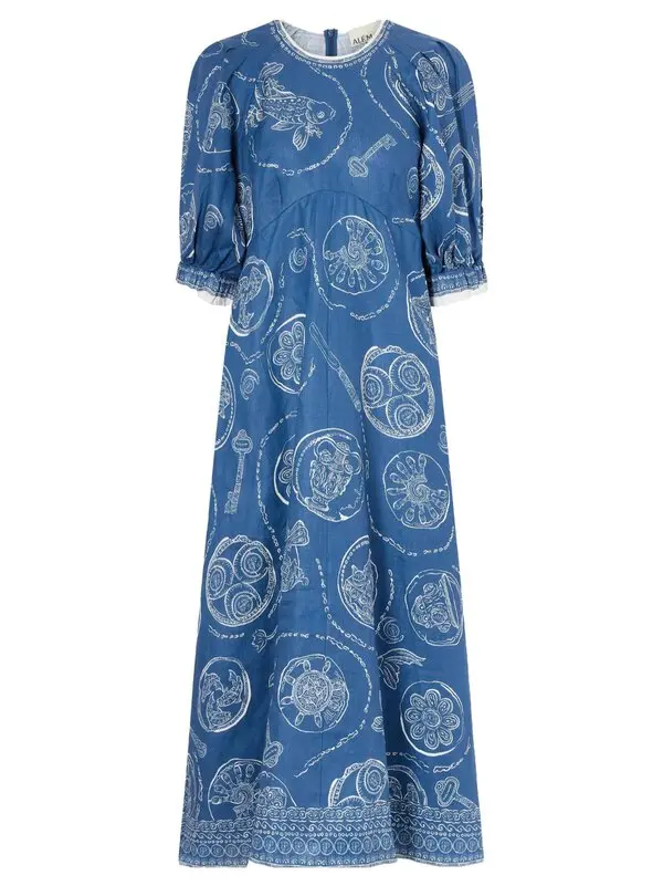ALEMAIS Printed Linen Midi Dress - Blue