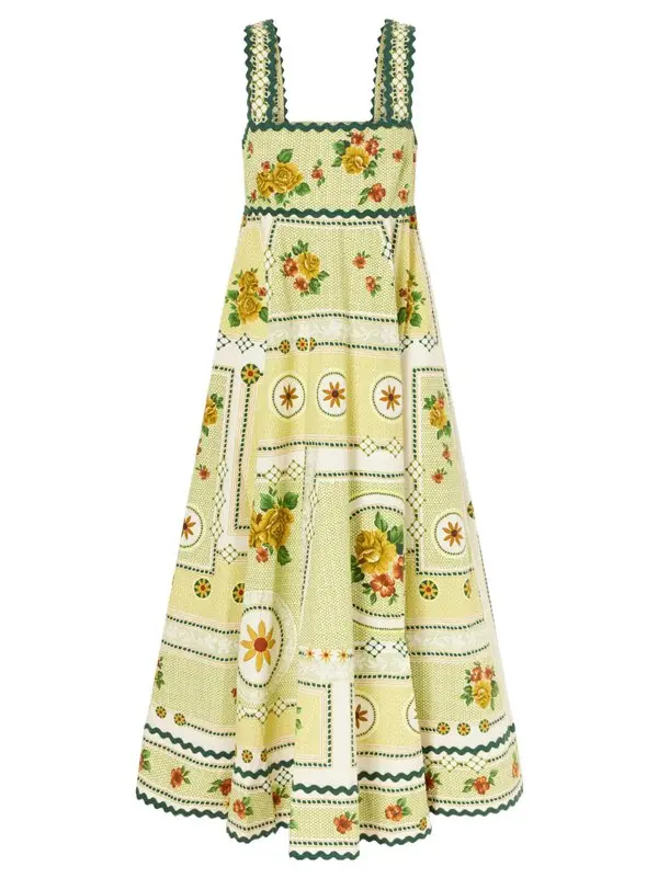 ALEMAIS Pleated Floral-print Cotton-poplin Midi Dress - Yellow