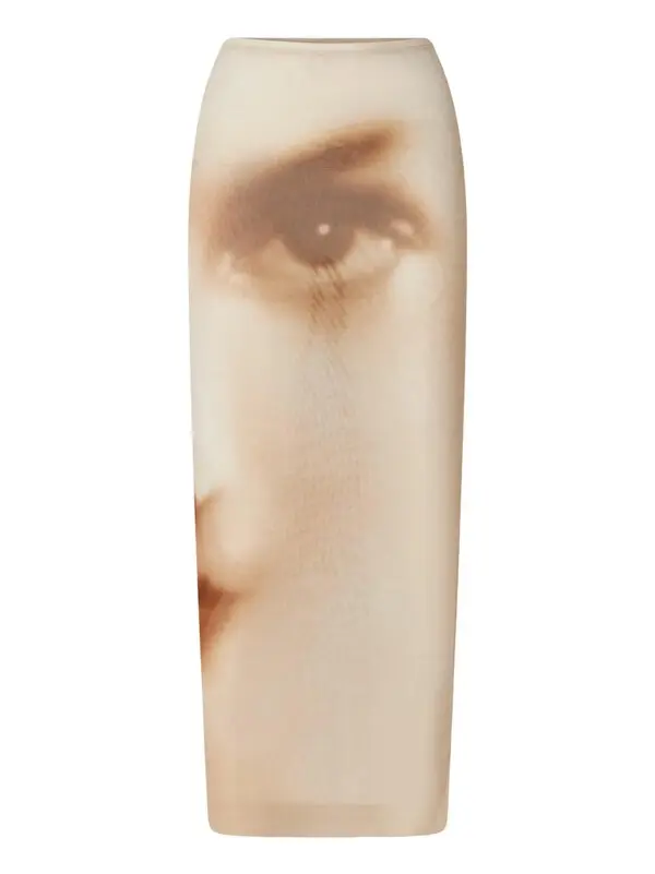 JEAN PAUL GAULTIER Printed Mesh Maxi Skirt - Nude