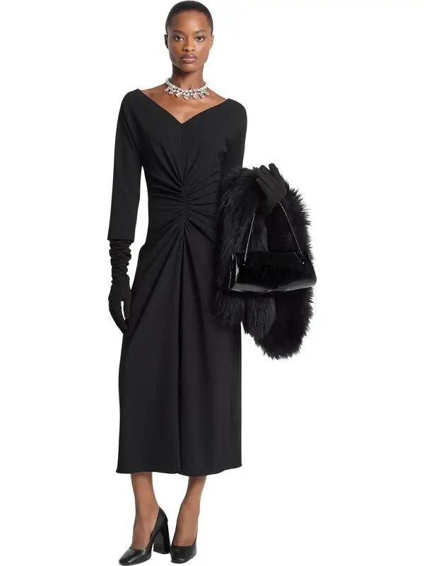 Michael Kors Stretch Wool Crepe Ruched Dress - Black