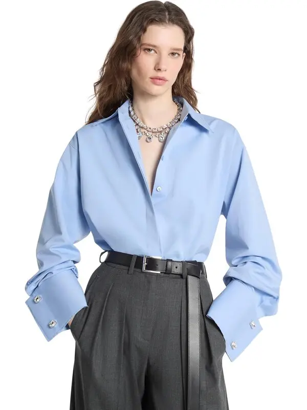 Michael Kors Frayed Cotton Poplin French Cuff Shirt In Size By - Blue