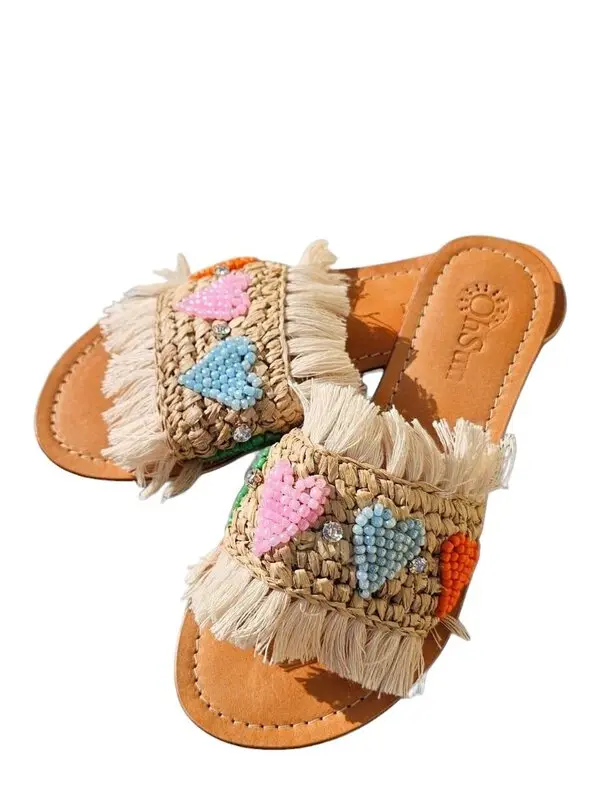 OHSUN Juno Embroidered Raffia & Leather Sandals - Black