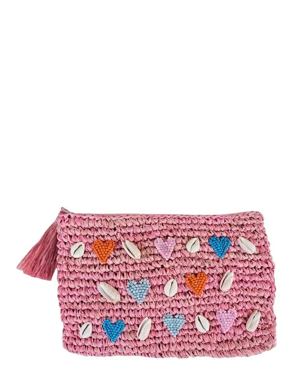 OHSUN Juno Embroidered Raffia Clutch - Pink