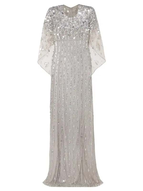 Jenny Packham Nettie Cape-effect Embellished Sequined Tulle Gown - Gray