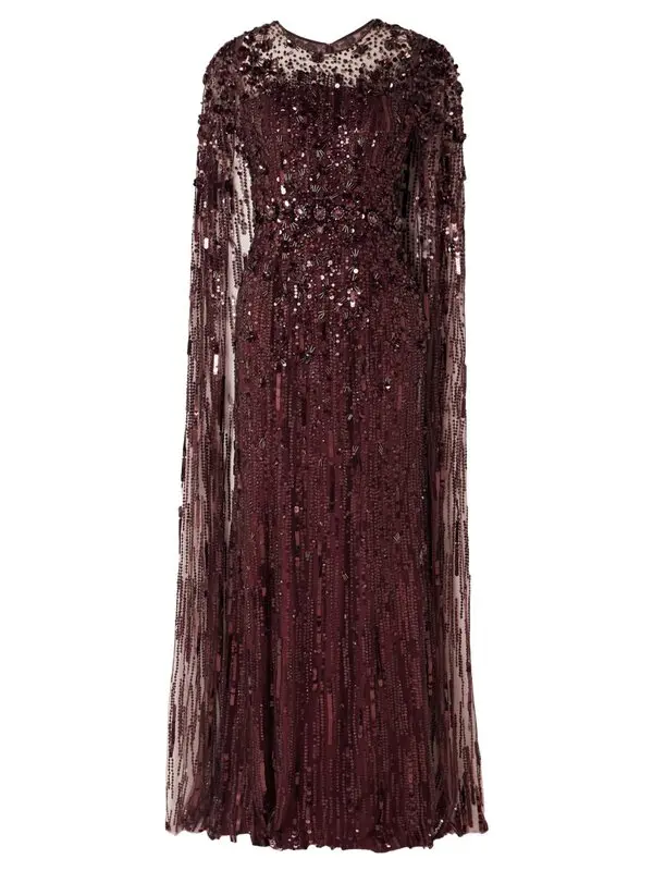 Jenny Packham Ruby Cape-effect Embellished Tulle Gown - Red